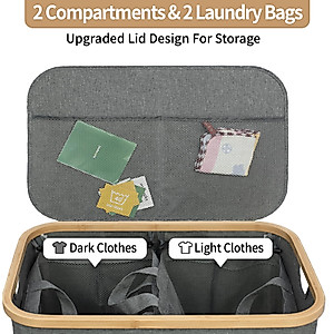 BESHOOME Grey Laundry Hamper with Lid, 140L Extra Large Laundry Basket, 2 Section Laundry Hamper, Laundry Hamper with Handle and Removable Bags, Double Laundry Hamper, Foldable Dirty Clothes Hamper