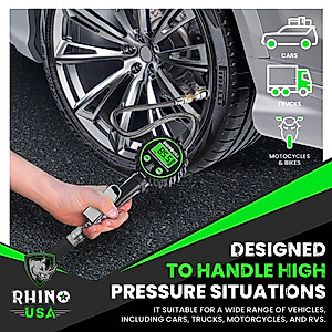 Rhino USA Digital Tire Inflator with Pressure Gauge (0-200 PSI) - ANSI B40.7 Accurate, Large 2" Easy Read Glow Dial, Premium Braided Hose, Solid Brass Hardware, Best for Any Car, Truck, Motorcycle, RV