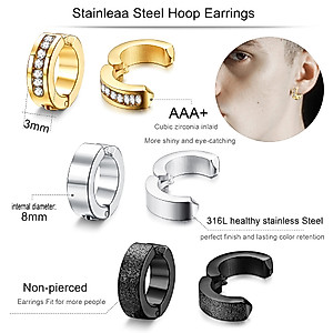 FIBO STEEL 9 Pairs Non-Piercing Earrings Stainless Steel Clip On Hoop Earrings For Men Women Paved CZ Ear Clip