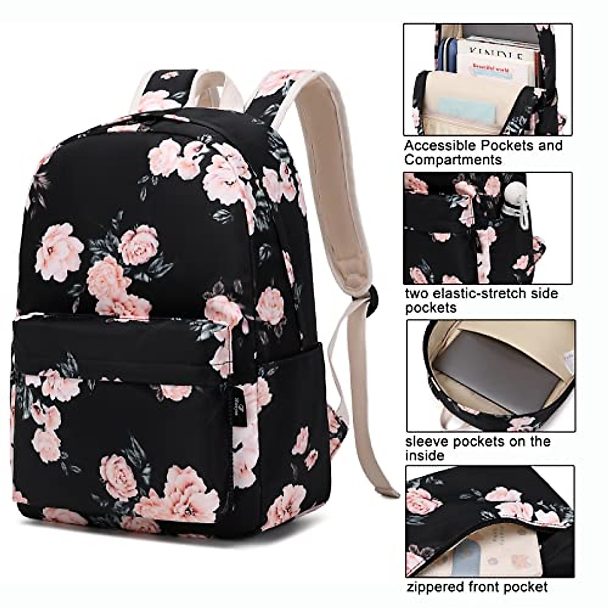 SHEEYEE School Backpack for Girls Bookbags with Lunch Box Set Students Laptop Travel Floral Backpack(Black with Flower)