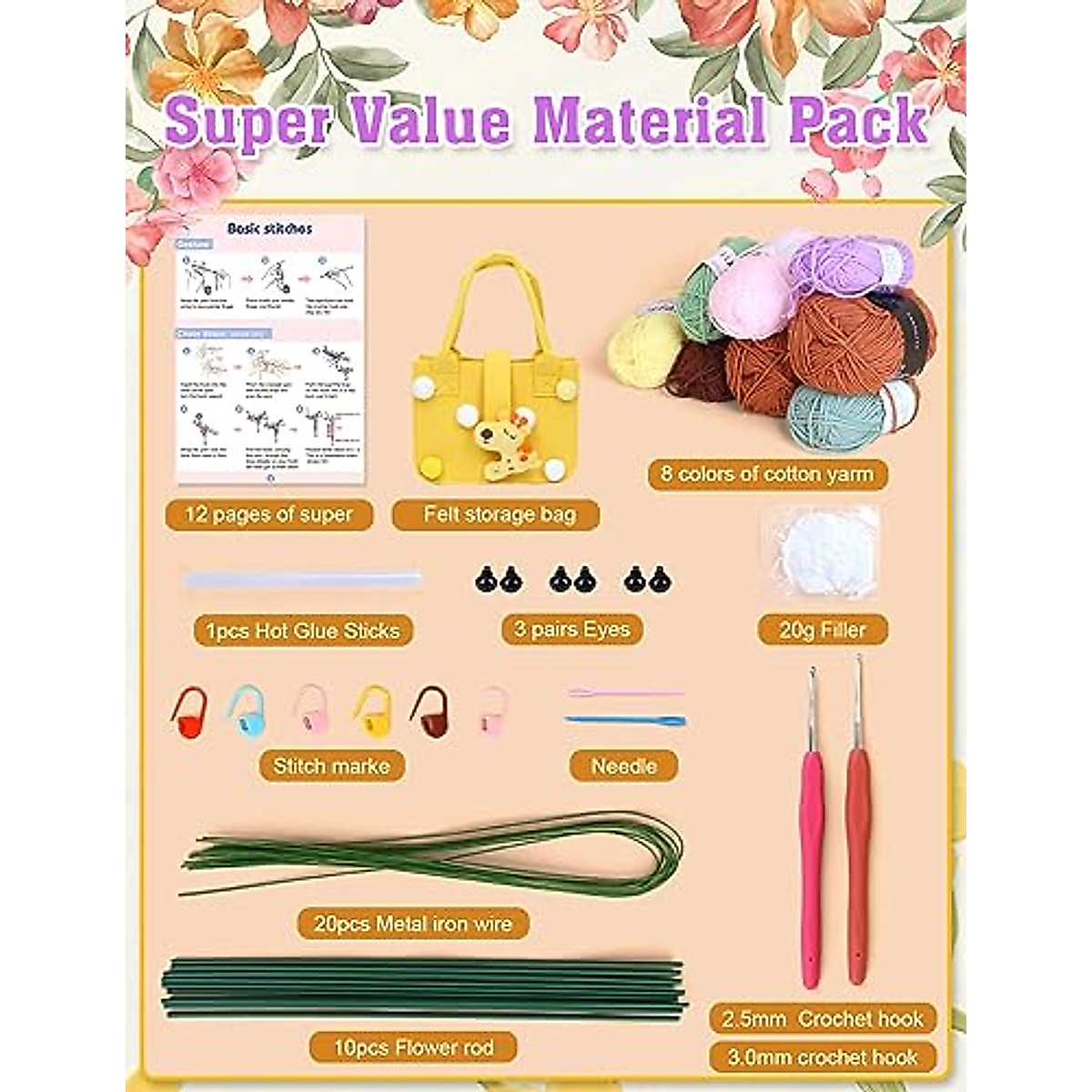 yazi Flower Crochet Kit for Beginners-5 Pack Hanging Potted Plants Crochet Starter Kit with Video, Learn to Crochet Rose Lavender Daisy Heart Cactus Pot for Adults,DIY Knitting Supplies