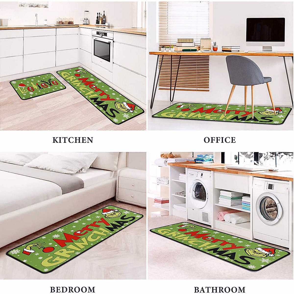 Faptoena Merry Grinchmas Christmas Kitchen Rugs and Mats Set of 2,Christmas Kitchen Decoration,Non Slip Absorbent Kitchen Mat Waterproof Runner Rug for Laundry Room and Sink