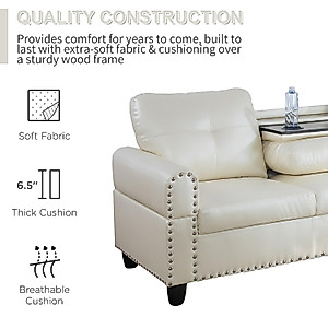 97 in L-shaped Sectional Couch, Button Tufted Upholstered Faux Leather Sofas w/ Chaise Lounge, Living Room Modular Furniture Sets, Foldable Console with Cup Holders, Wood Frame Metal Legs (White)