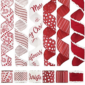 HUIHUANG Christmas Ribbon Wired Red Christmas Tree Ribbon 6 Rolls Red and White Ribbon Candy Cane Ribbon for Christmas Tree, Gift Wrapping, Wreath, Garland, Home Decor (2.5" Width, 36 Yards Total)
