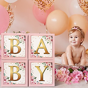 Baby Boxes with Letters for Baby Shower, Rustic Floral Pink Baby Shower Backdrop Blocks Box Birthday Party Gender Reveal Photo Props for Baby Girl Boy Shower Decorations