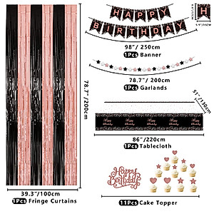Rose Gold and Black Party Decorations - Happy Birthday Banner, Balloons, Fringe Curtains, Tablecloth and Cake Topper for 1st 16th 21st 30th 40th 50th Girls Rose Gold and Black Birthday Party Supplies