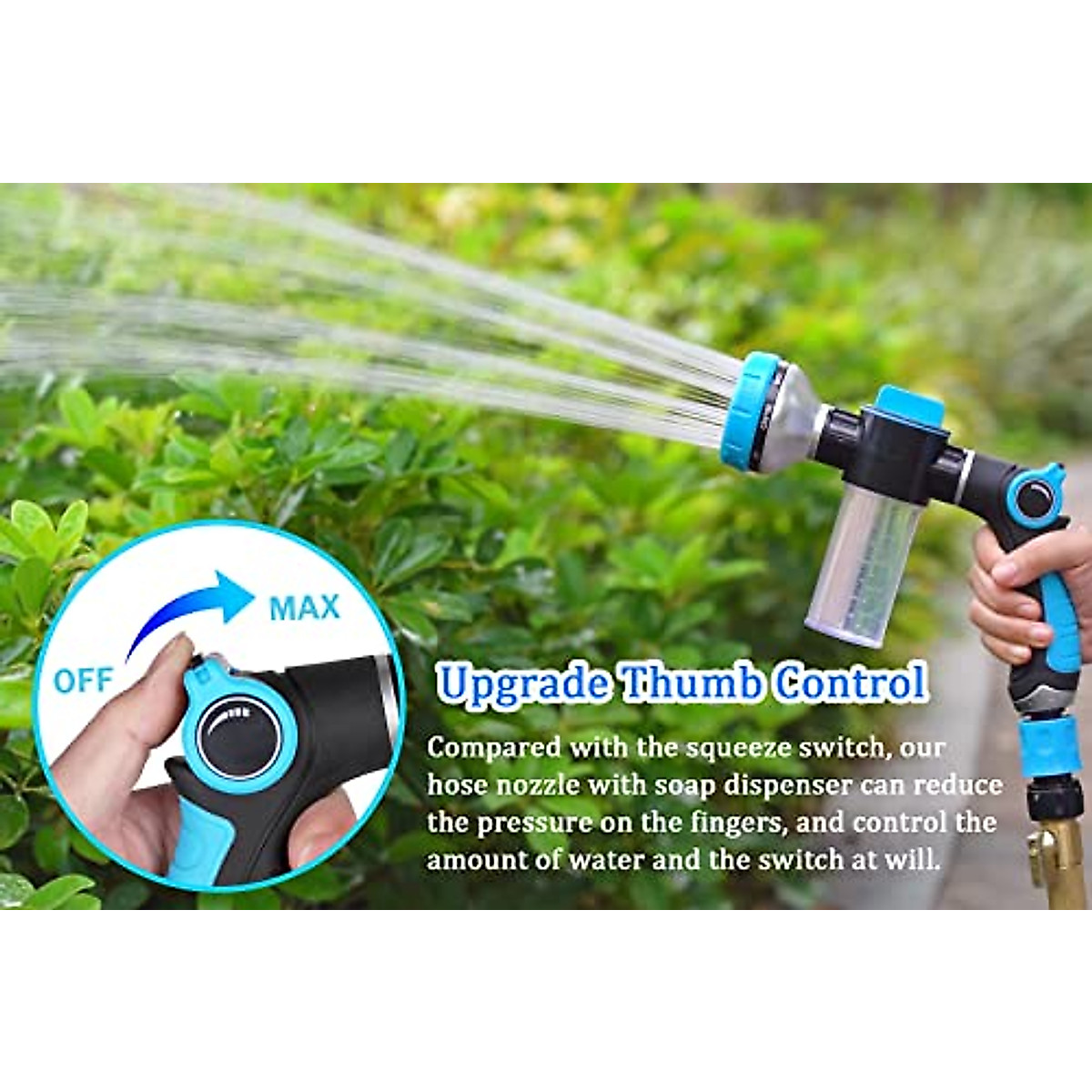 V.C.Formark Garden Hose Nozzle, 8 Spray Pattern Car Wash Nozzle, Ideal for Watering Plants, Lawn, Patio, Cleaning, Showering Pet - Upgrade Thumb Control Design (Blue)