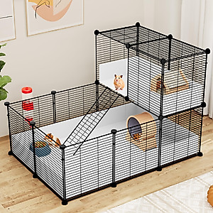 YITAHOME Guinea Pig Cage, Indoor C&C Small Animal Cage with Waterproof Plastic Liner, Loft and Partition for Bunny, Chinchilla and Hamster, Habitat Fence Playpen with 25PCS Pannels