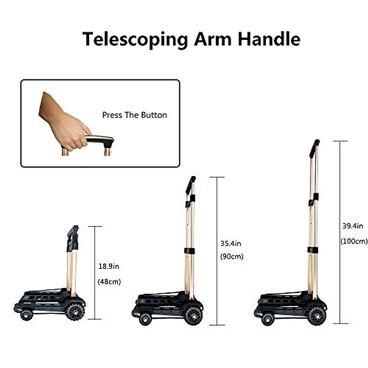 Folding Hand Truck Portable Dolly Compact Utility Luggage Cart with 70Kg/155Lbs Heavy Duty 4 Wheels Solid Construction Adjustable Handle for Moving Travel Shopping Office Use (Black)