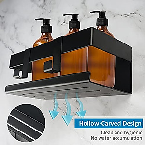 AUMIO Bathroom Shelves Wall Mounted, Floating Shelves Bathroom, Bathroom Shelf Shower Caddy with 2 Hooks Stainless Steel No Drilling Storage Organizer, Wall Shelf for Bathroom Kitchen Toilet Black