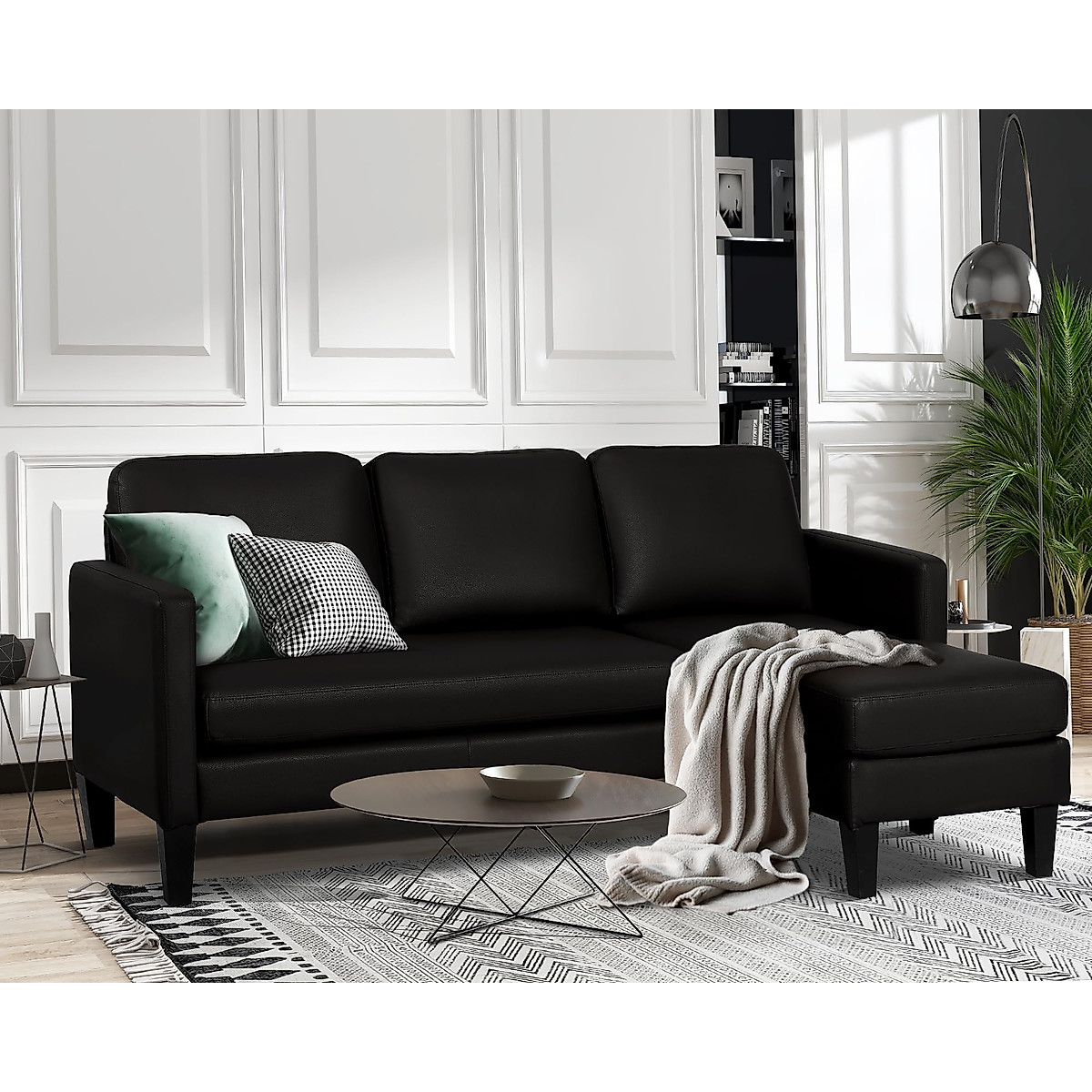 MAGIC UNION Faux Leather Convertible Sectional Couch Sofa L-Shape Sectional Sofa with Chaise Reversible 3-Seat Modern Linen Fabric Small Couches for Living Room,Apartment,Small Space,Office (PU Black)