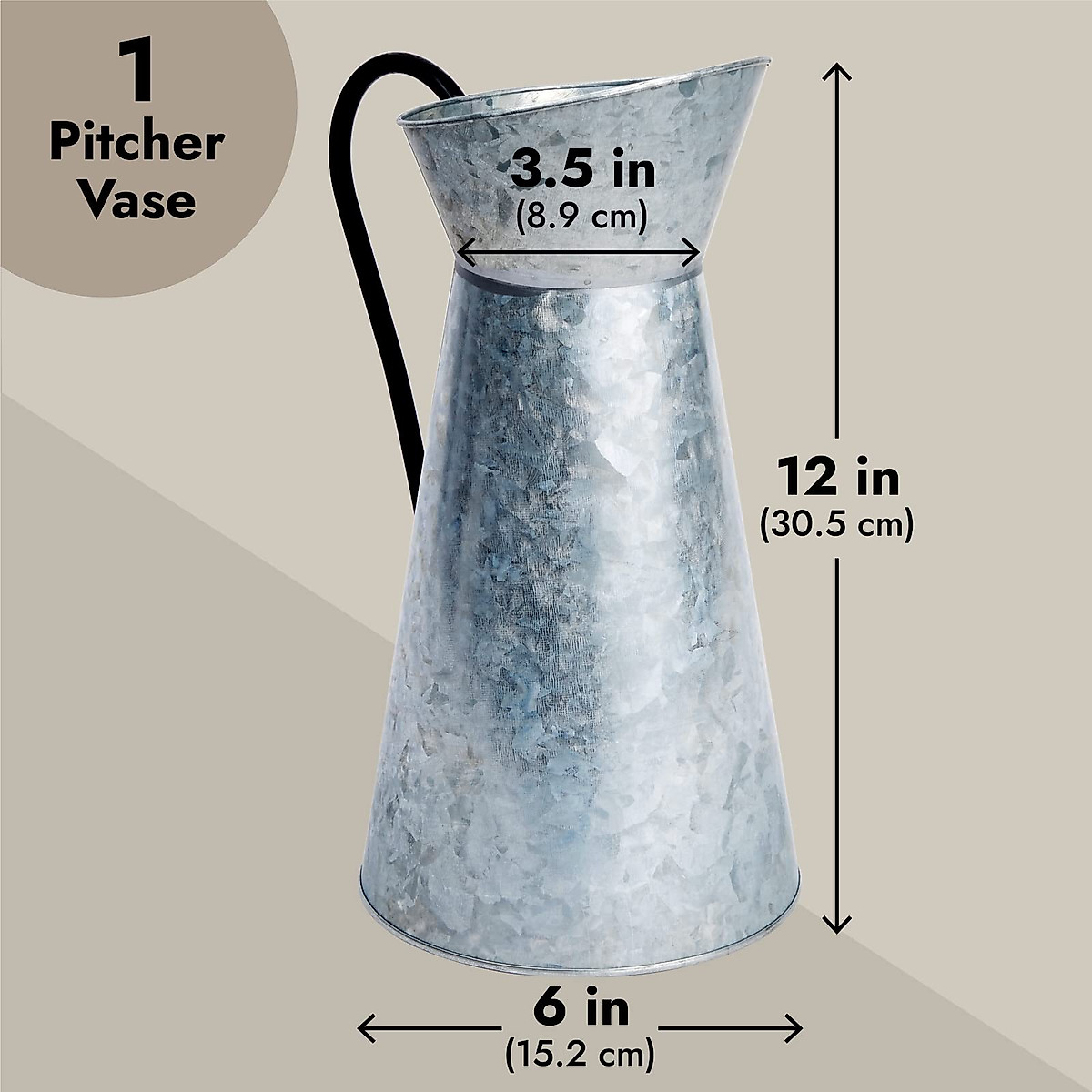 Juvale Rustic-Style Galvanized Vase with Handle, Metal Flower Vase for Farmhouse-Style Home Decor, Table Centerpieces, & Decorative Flowers Arrangements - Vase 12 Inch Tall - Metal Pitcher Vase