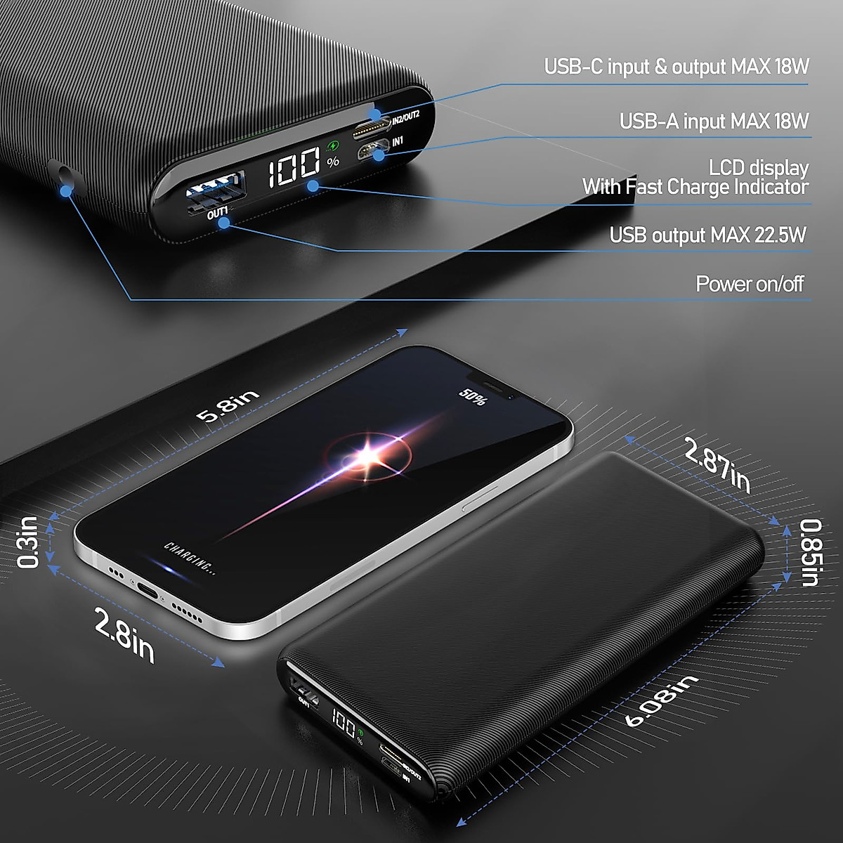 Heated Vest Battery Pack 26800mAh Power bank,22.5W Fast Charge 5v 2a Portable Charger With LCD Display Phone Charger,Dual Input Output USB-C Compatible With Heated Jacket iPhone Samsung iPad etc