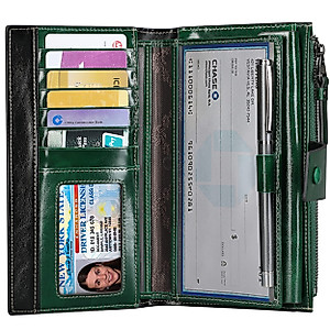 Itslife Women's Wallet Leather RFID Blocking Large Capacity Genuine Clutch Checkbook Wallet Card holder (oilgreen)