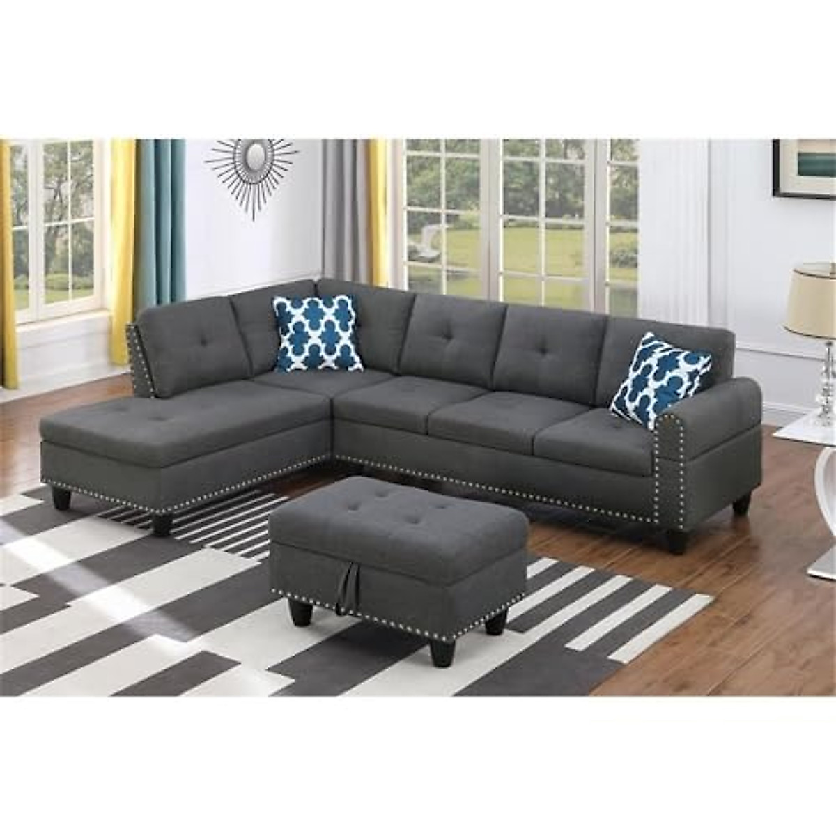 Devion Furniture Polyester Fabric Sectional Sofa with Lift-top Storage Ottoman, Tufted Design, in Gray Finish