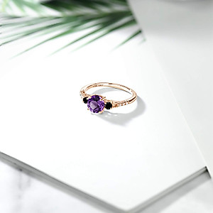 Gem Stone King 10K Rose Gold Purple Amethyst Black Diamond and White Diamond Accent 3-Stone Engagement Ring For Women | 0.87 Cttw | Gemstone Birthstone | Round 6MM & 2.5MM (Size 8)