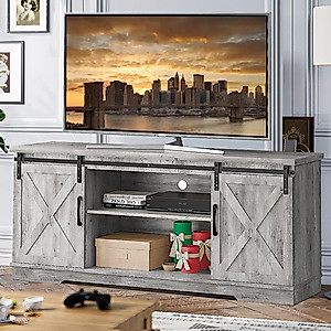 GAOMON Farmhouse TV Stand - Modern Entertainment Center for 65 Inch TVs, Barn Door Console Table with Storage & Shelves - Grey Living Room Furniture