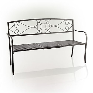 Alpine Corporation Alpine Metal Garden Outdoor Bench with Retractable Table VTFAM114, Black