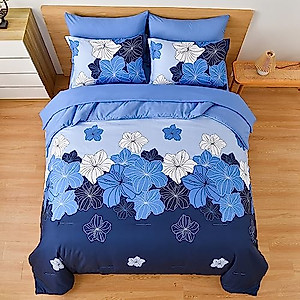 Floral Comforter Set Queen Blue Flower Comforter Set 7 Pieces Bed in a Bag Soft Microfiber Bedding Comforter with Sheets Spring Summer Bed Comforter Set (7pcs,White and Blue Floral Comforter Set)