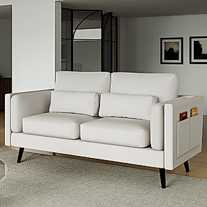 Novilla 68.5 Inch Modern Loveseat Sofa Couches, Small Sofa with 2 Waist Pillows, Natural Linen Upholstered Couch for Living Room, Bedroom and Apartment, Solid Wood Frame, Easy to Install, White