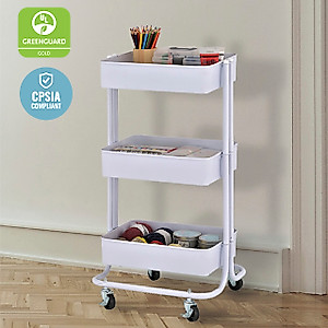 ECR4Kids 3-Tier Metal Rolling Utility Cart, Multipurpose Storage, White