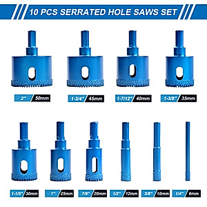 MARSBASE Diamond Hole Saw Kit, 10 PCS Serrated Brazing Tile Core Drill Bits Sets with EVA Mould for Hole Saw Guide Jig Hollow Drill Hole Saw to Ceramic, Glass, Tile, Gypsum, Wood, Marble, Granite
