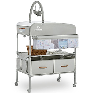 Portable Baby Changing Table with 2 Storage Baskets, BabyBond Foldable Changing Table Dresser Waterproof Diaper Changing Table Height Adjustable Changing Station for Infant and Newborn(Beige)