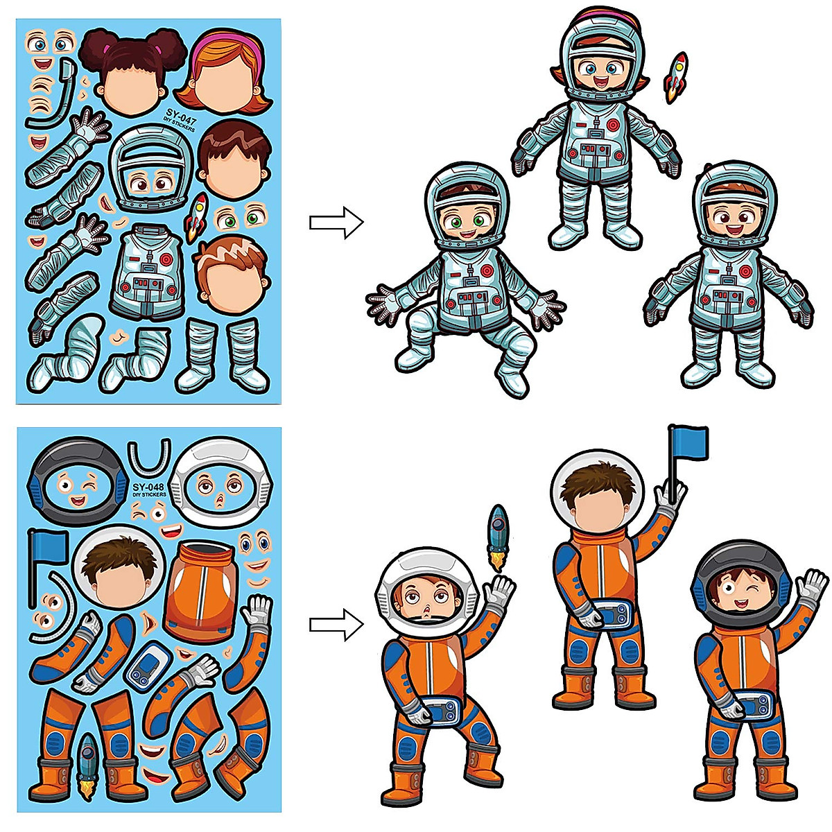 Konsait 48Sheets Outer Space Make Your own Stickers, Make A Face Stickers Solar System Universe Outer Space Theme Party Favor Stickers for Boys Girls Birthday Goodie Bag Filler School Rewards