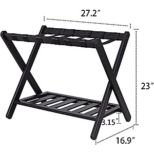 bimiti Bamboo Folding Luggage Rack with Shoe Shelf Double-Layer Luggage Rack Strong Bearing Capacity Luggage Holder for Bedroom,Guest Room,Hotel,Black