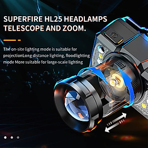 SuperFire Led headlamp,2000 Lumen Super Bright headlamp Rechargeable,Zoomable Head lamp Flashlight with Motion Sensor Hard Hat Light headlamps for Adults