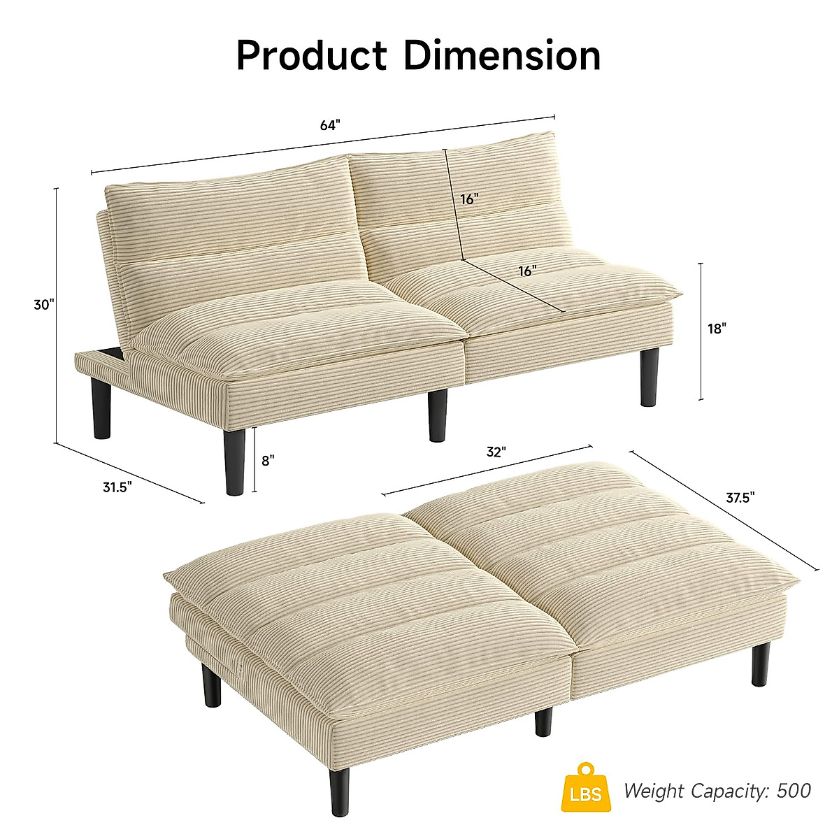 ONBRILL 64" Futon Sofa Bed, Corduroy Sofa Bed Couch with Adjustable Backrest, Convertible Loveseat Sleeper Sofa with Sturdy Wooden Legs, Comfy White Couches for Living Room, Bedroom, Office