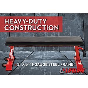 Lifeline Flat Weight Bench Heavy Duty 11-Gauge Steel with Transport Wheels and Handle for Home Gym Workouts