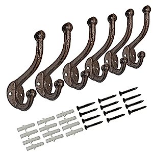 YMAISS Rustic Brown Cast Iron Hooks,Antique Old Shabby Chic Cast Iron Hooks, Wall Mounted Hooks (Set of 6) Vintage Inspired Coats, Bags, Hats, Towels,Matching Screws Included