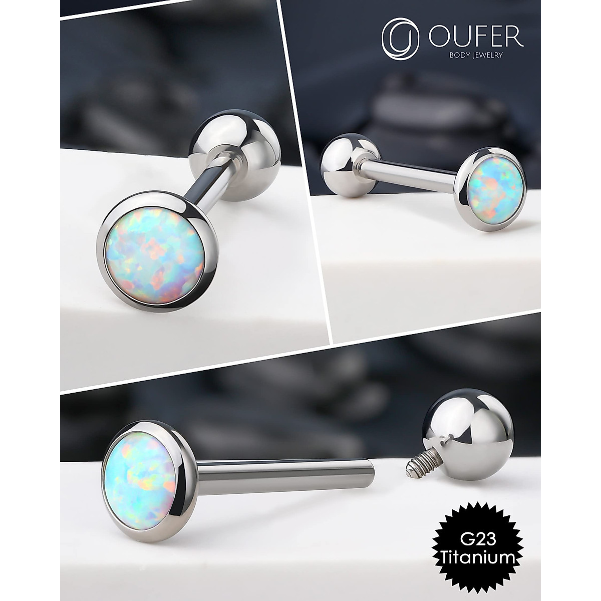 OUFER 14G Tongue Rings, G23 Solid Titanium Tongue Piercing Jewelry, White Opal Internally Threaded Tongue Ring, Tongue Rings for Women Men