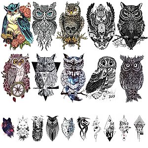 20 Sheets Large Owl Temporary Tattoos for Men Women, Realistic Owl Temporary Tattoo Stickers for Adults 3D Fake Wolf Lion Dragon Totem Animals Tatoos