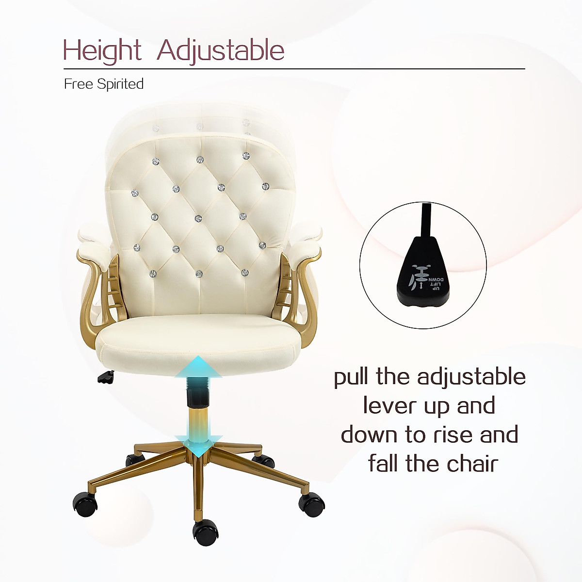 cayglow Velvet Office Desk Chair Comfy with Gold Base, Comfortable Makeup Chairs for Vanity with Back and Wheels,Button Tufted Armchair Swivel Rolling Chair,for Girls Women Study Bedroom,Beige