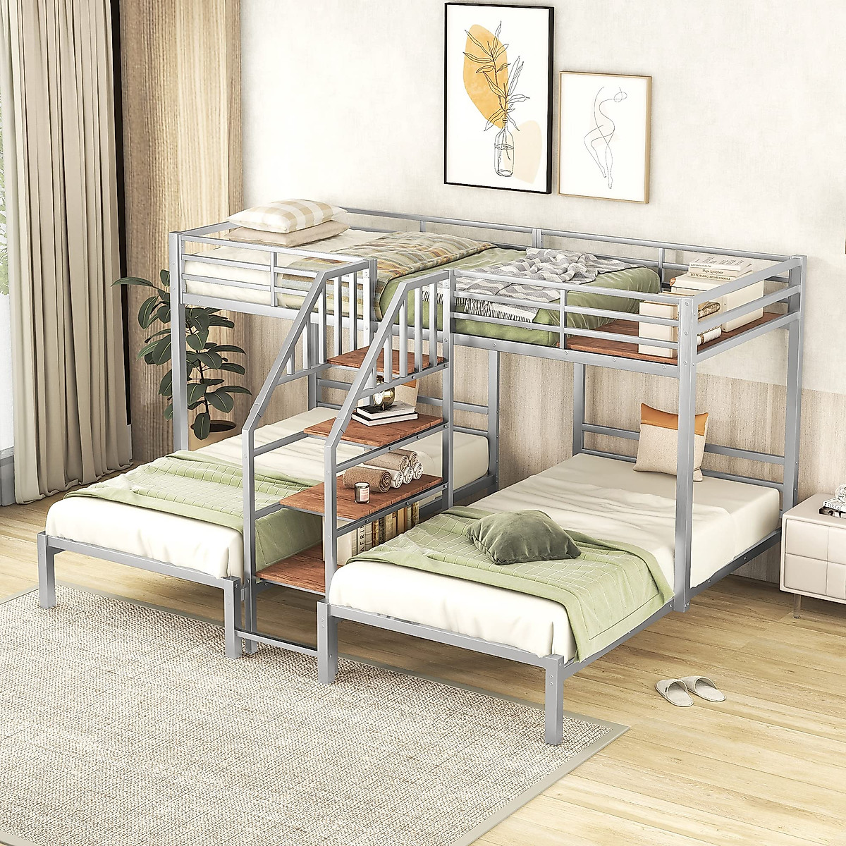 Harper & Bright Designs Triple Bunk Beds with Stairs, Metal Twin Over Twin & Twin Bunk Beds with Storage Shelves,3 Bed Bunk Beds for Kids, Girls, Boys,Teens,Silver