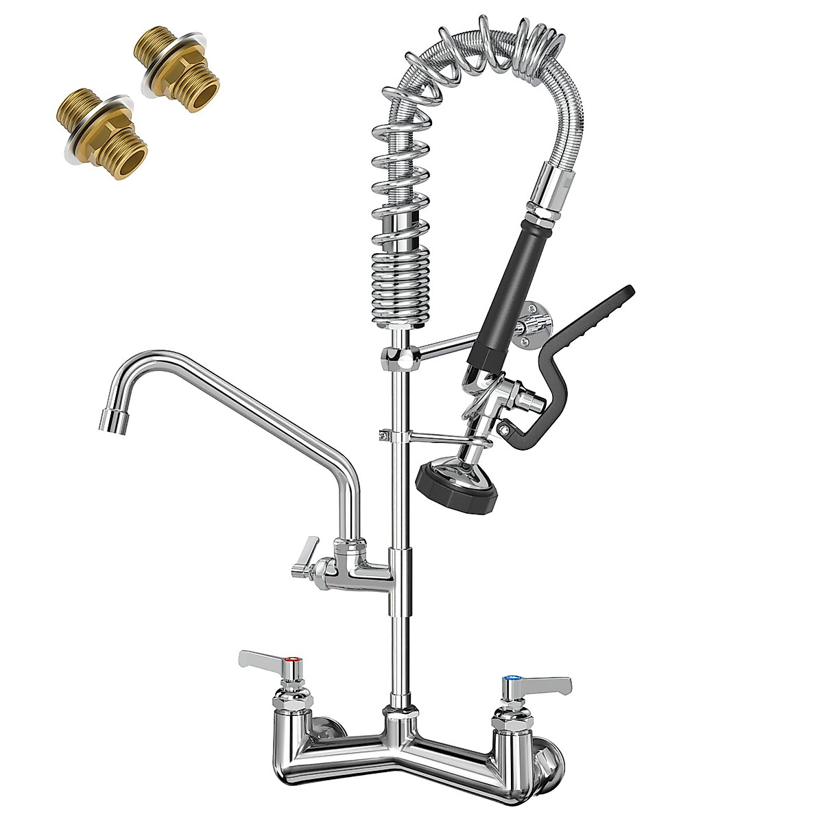 FAUAID Commercial Sink Faucet with Sprayer 25" Height 8" Adjustable Center 10" Swing Spout,Brass Constructed Wall Mount Commercial Faucet with Pull Down Pre-Rinse Sprayer for 1/2 Compartment Sink（25"）