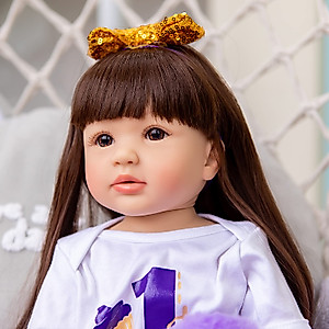 TERABITHIA 22 Inches Cute Alive Handmade Long Brown Hair Reborn Baby Doll Crafted in Silicone Vinyl Full Body Anatomically Correct Realistic Newborn Princess Toddler Girl Dolls Purple Gift Set