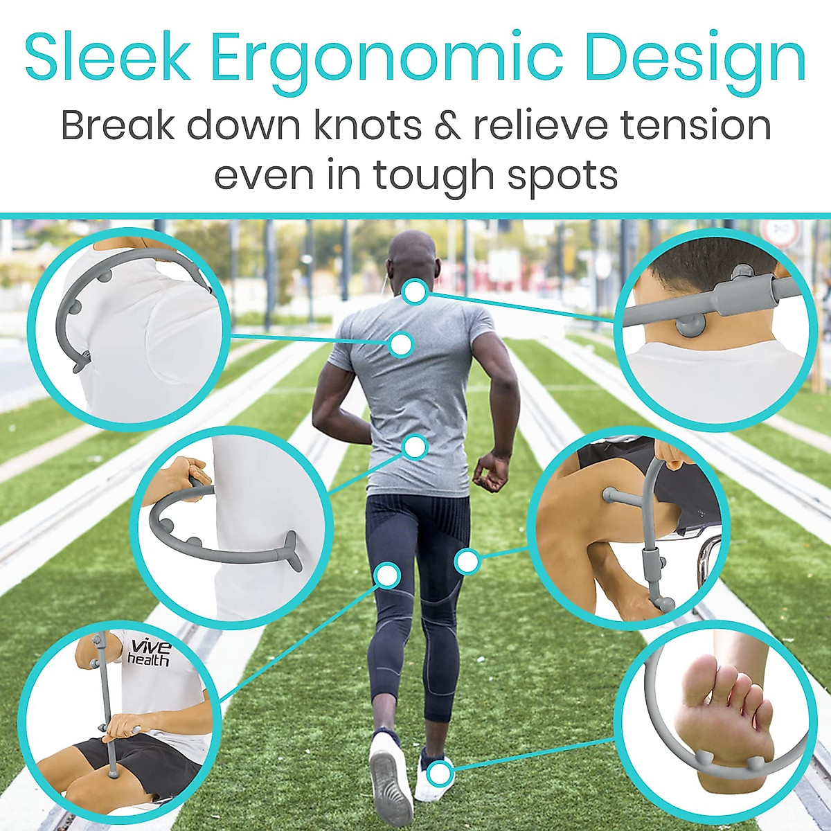 Vive Massage Cane Trigger Point - Self Massage Tool Hook with Interchangeable Heads for Shoulder, Neck, Upper and Lower Back Pain - Myofascial Release, Muscle Knot Remover and Fibromyalgia Relief