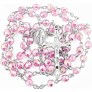 Catholic 6mm beads Woman or Girl Pink Pearl Rosary with White Vinyl Rosary Case with gold accent (Light Pink)
