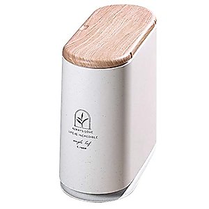 3.2Gal/12.1L Oval Slim Trash Can - Nordic Style Garbage Can with Lid - White Plastic Trash Can w/ Press Top Wood Grain Lid - Space Saving Kitchen Trash Can w/ Double Barrel Removable Plastic Bin Liner