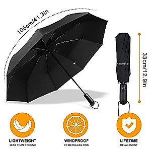 Hannstar Folding Travel Umbrella, Windproof Strong and Portable - Wind Resistant, Compact Durable Umbrella, Auto Open/Close, Lightweight Backpack Umbrella (Black)