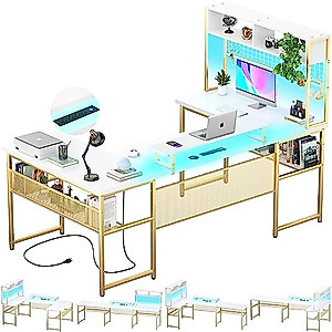 Unikito Modern Reversible L-Shaped Desk with Hutch, 60"W x 60"D x 72"H, 3 Desktops, RGB LED Strip Lights, Smart App Control, Monitor Stand, 4 Power Outlets, 2 USB Charging Ports, Grid Design