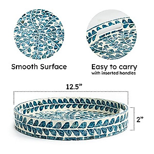CLAYNIX Serving Tray 12.5 Inch, Lacquer Mother of Pearl Inlay Mosaic Tray, Round Wooden Marble Tray with Handles Trays for Tea, Breakfast (Leaf Style)