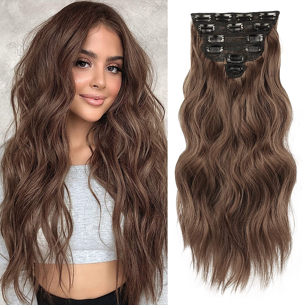 NAYOO Clip in Hair Extensions for Women 20 Inch Long Wavy Curly Chestnut Brown Hair Extension Full Head Synthetic Hair Extension Hairpieces(6PCS,Chestnut Brown)