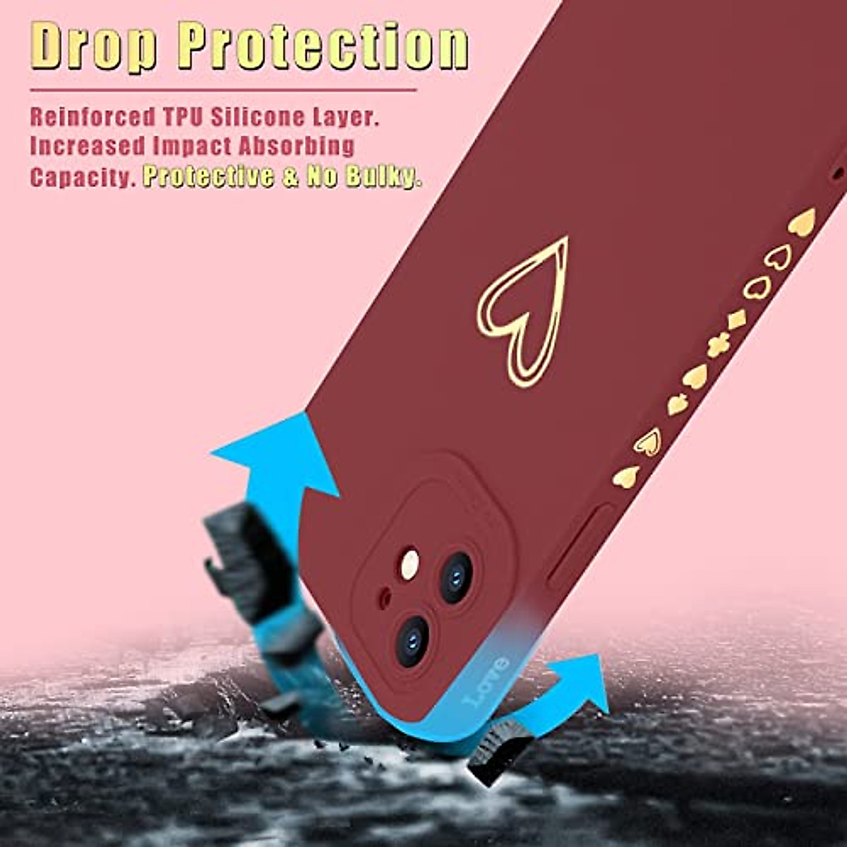 Teageo Compatible with iPhone 12 Case 6.1 inch for Women Girls, Cute Luxury Love Heart [Soft Anti-Scratch Full Camera Lens Protection] Silicone Girly Shockproof Phone Case for iPhone 12-Burgundy