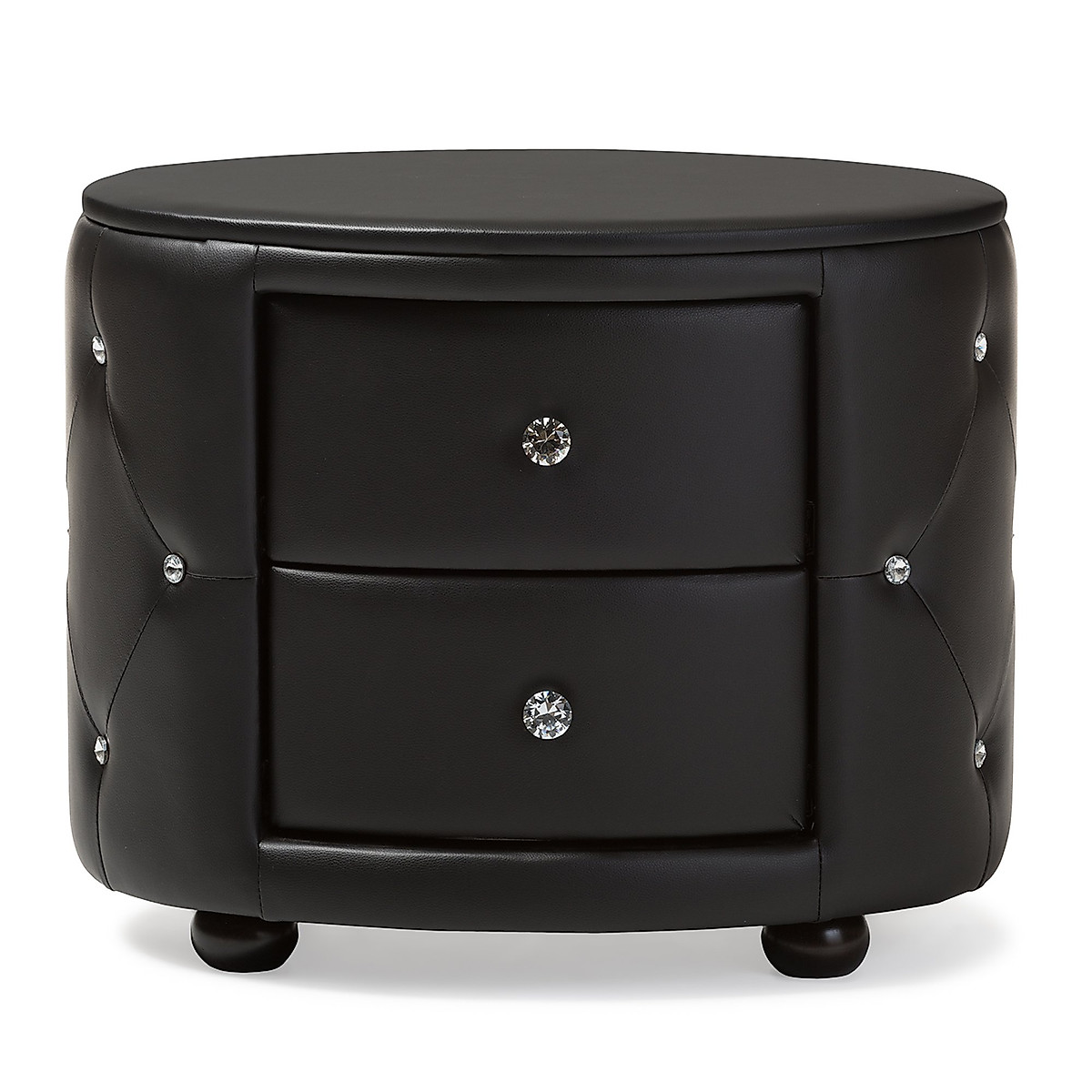 Baxton Studio Davina Hollywood Glamour Style Oval 2-Drawer Faux Leather Upholstered Nightstand, Medium, Black