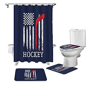 OneHoney Shower Curtain Sets 4 Pieces with Non-Slip Rugs USA Flag Hockey Sports,Waterproof Bathroom Curtains,Blue White Stripes Decor Bath Mat, Toilet Lid Cover and Floor Door Mat