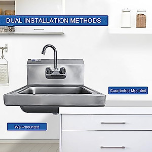 HARDURA Stainless Steel Hand Washing Sink with Gooseneck Faucet, NSF Commercial Wall Mount Hand Sink for Restaurant, Kitchen, Home, 17X15 Inches